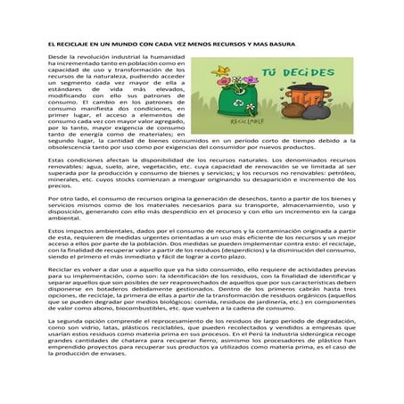 El reciclaje en un mundo con cada vez menos recursos y mas basura | PDF