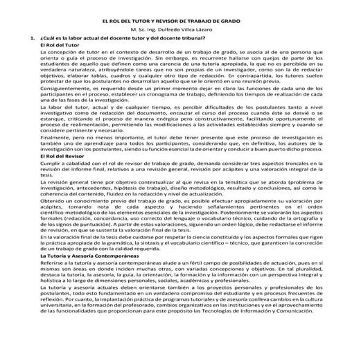 El rol del tutor y revisor de trabajo de grado dulfredo villca lázaro | PDF