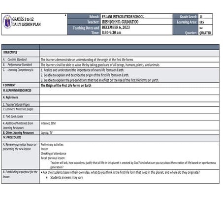 ELS-DLP Q2 -The Origin of the First Life Forms on Earth.docx | Geology ...