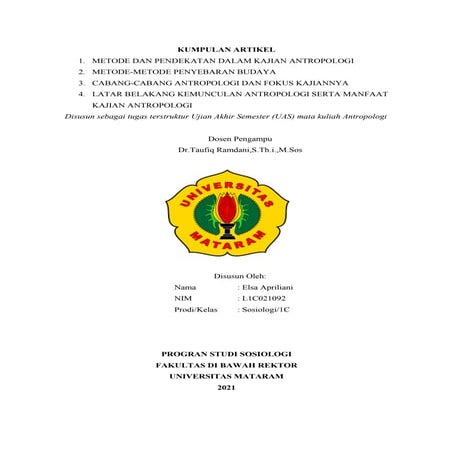 Elsa apriliani, antropologi, sosiologi, Dr. Taufiq Ramdani, S. Th. i ...