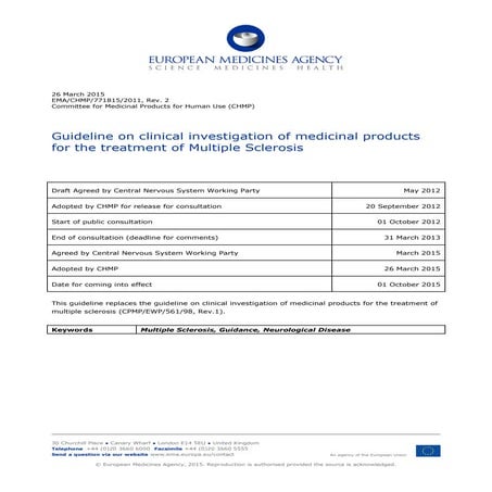 EMA Guideline investigation medicinal products for Multiple Sclerosis ...