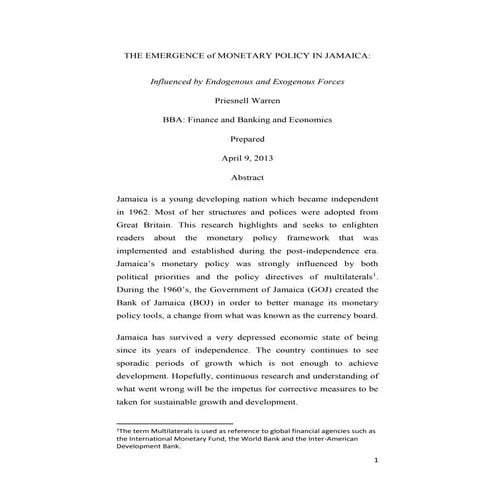 The Emergence of Monetary Policy In Jamaica | PDF