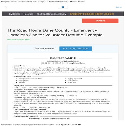Emergency homeless shelter volunteer resume example (the road home dane ...