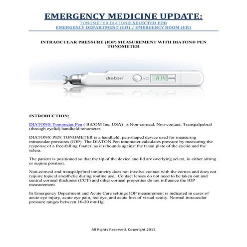 EMERGENCY MEDICINE UPDATE: TONOMETER DIATON SELECTED FOREMERGENCY ...
