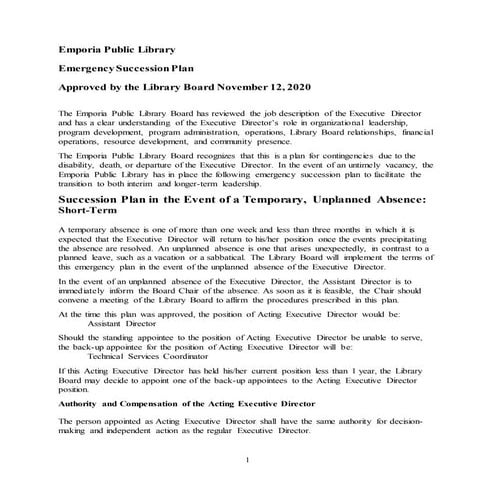 Emporia Public Library (KS) Emergency Succession Plan 2022 | DOCX