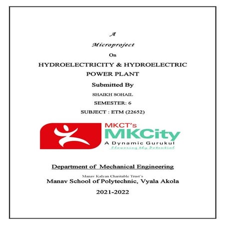 MICRO PROJECT ON , HYDROELECTRICITY & HYDROELECTRIC POWER PLANT | PDF