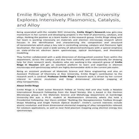 Emilie ringe’s research in rice university explores intensively plasmonics, catalysis, and alloy ...