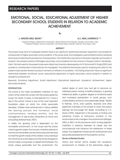 A STUDY ON ADJUSTMENT OF HIGH SCHOOL STUDENTS | PDF | Secondary Education | Education