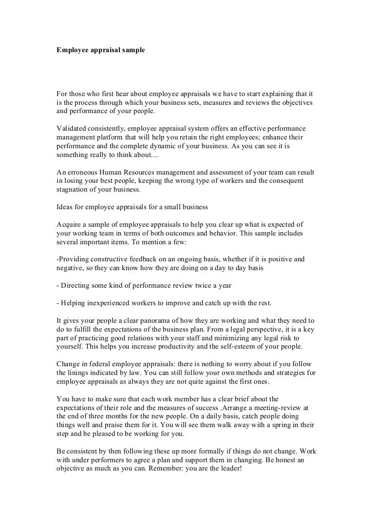 Employee Appraisal Sample Employee Appraisal Sample
