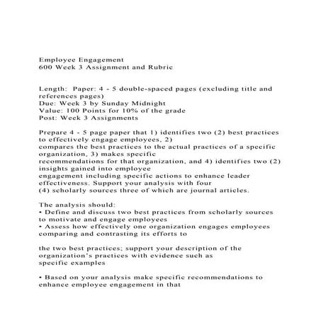 Employee Engagement 600 Week 3 Assignment and Rubric .docx
