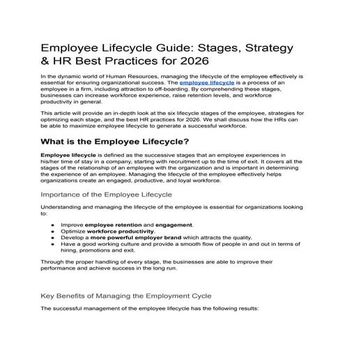 Employee Lifecycle Guide 2026: Stages, Strategy & Best HR Practices | PDF