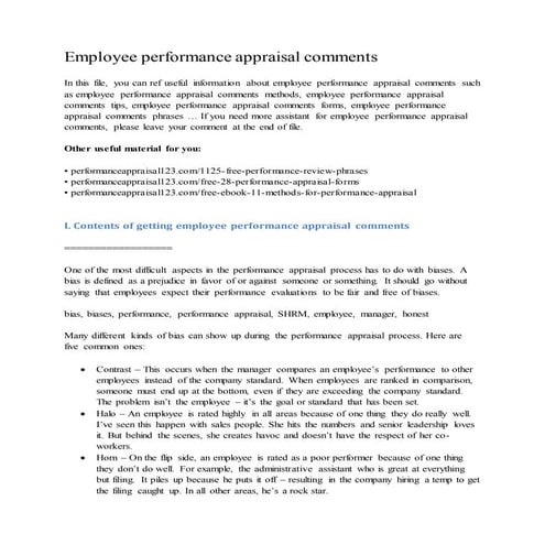Employee performance appraisal comments | DOCX