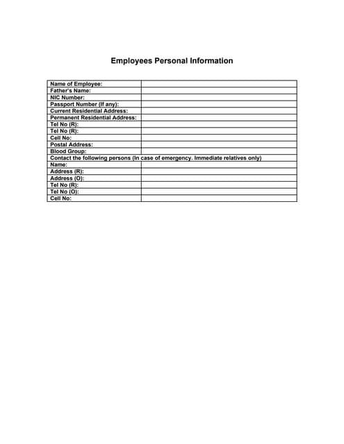 Personal Information Form For Employees