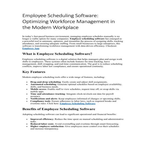 Employee Scheduling Software: Optimizing Workforce Management in the Modern Workplace | PDF