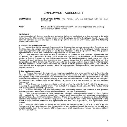 Employment agreement | PDF | Business | Business and Finance