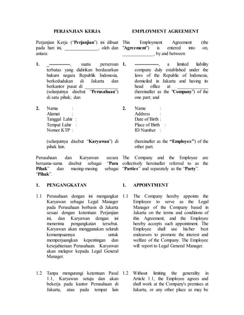 Contoh Perjanjian Kerja Kontrak Bilingual (2 Bahasa) | PDF
