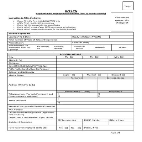 Employment Application Form | DOCX