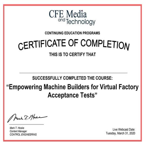 Certificate of Completion "Empowering Machine Builders for Virtual ...
