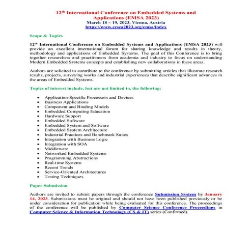 Call for Papers - 12th International Conference on Embedded Systems and ...