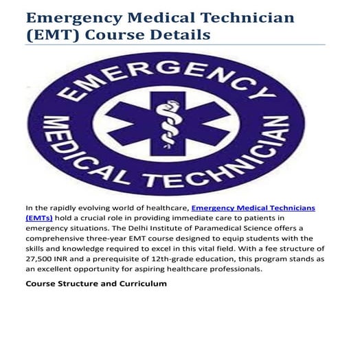 Emergency Medical Technician (EMT) Course Details | PDF