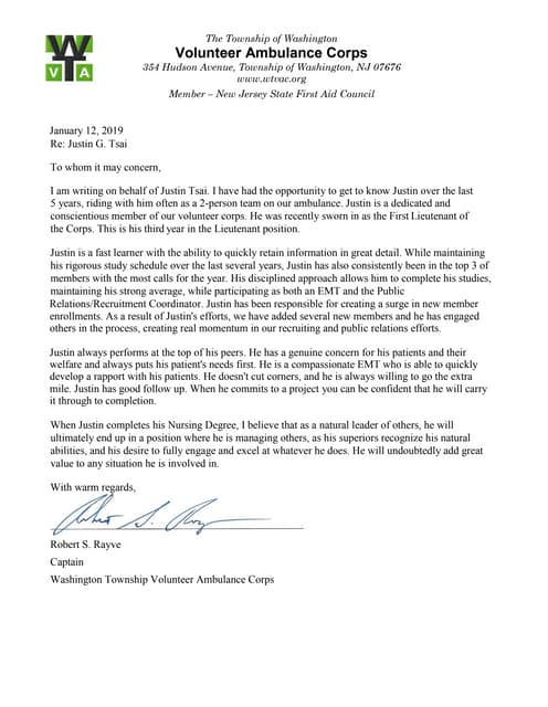 J Tsai EMT Letter of Reference Lt Rayve | PDF
