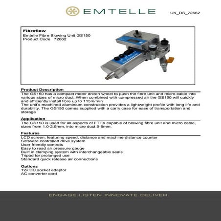 Emtelle GS150 FibreFlow Fibre Blowing Unit - Spec Sheet | PDF