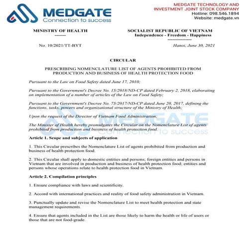 Circular 10/2021/TT-BYT: PRESCRIBING NOMENCLATURE LIST OF AGENTS ...