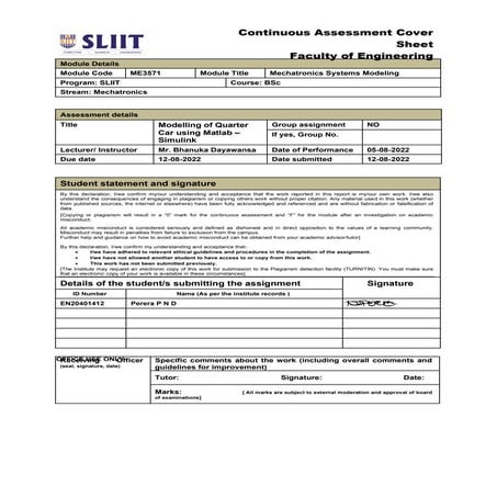Mechatronics System Modeling Lab 1 Modelling Of Quarter Car Using Matlab Simulink Pdf