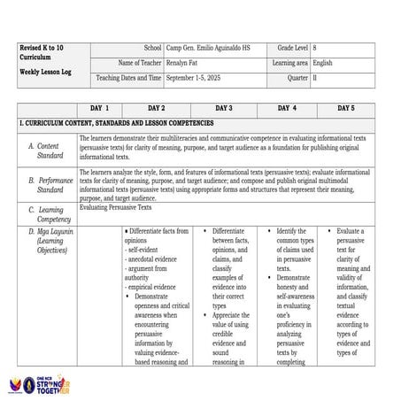 DAILY LESSON LOG ENGLISH 8 QUARTER 2 WEEK 1-Lesson1 | DOCX