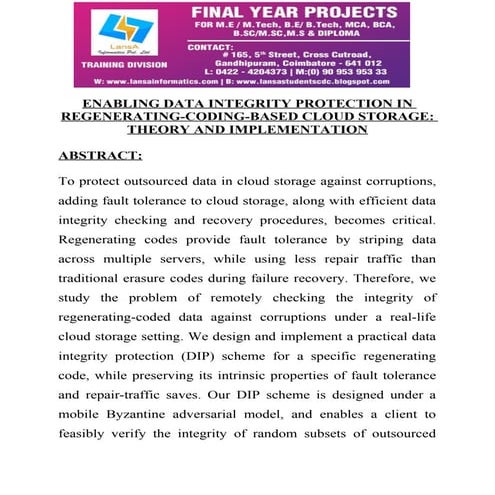 Enabling data integrity protection in regenerating coding-based cloud storage-theory and ...