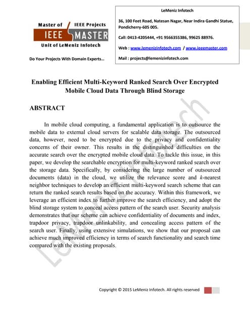 Enabling Efficient Multi Keyword Ranked Search Over Encrypted Mobile