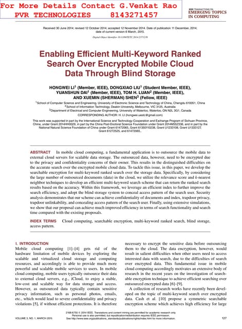 Enabling Efficient Multi Keyword Ranked Search Over Encrypted Mobile Cloud Data Through Blind