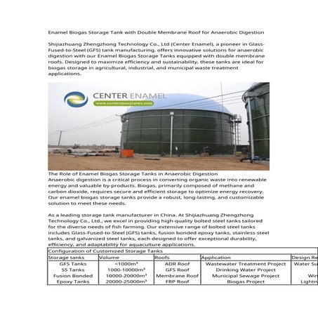 Enamel Biogas Storage Tank with Double Membrane Roof for Anaerobic ...