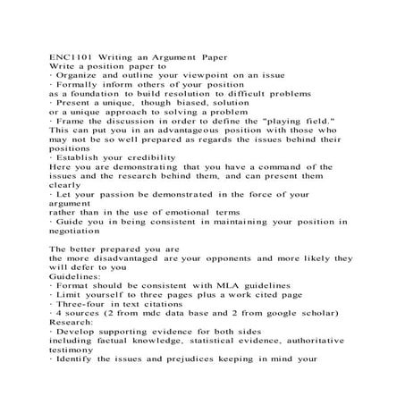 ENC1101 Writing an Argument PaperWrite a position paper to· Or | PDF