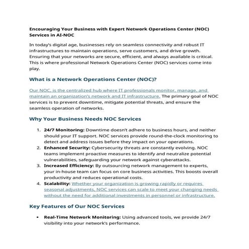 Encouraging Your Business With Expert Network Operations Center Noc Services In Ai Noc Docx