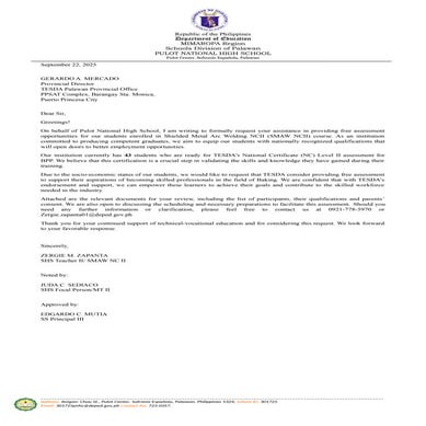 Endorsement Letter for Tesda Assessments | DOCX