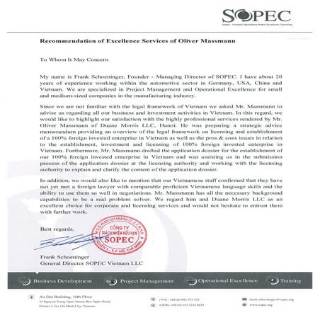Recommendation of Excellence Services of Mr. Oliver Massmann - Sopec | PDF