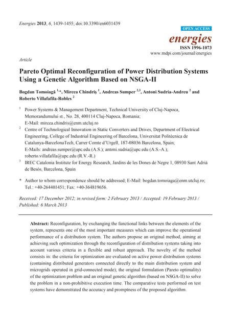 Pareto Optimal Reconfiguration Of Power Distribution Systems Using A Genetic Algorithm Based On