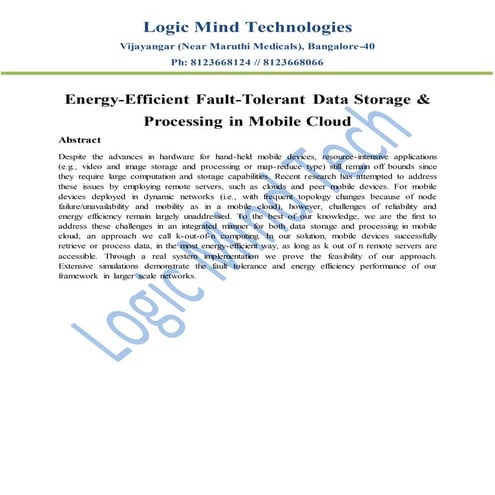 Energy efficient fault-tolerant data storage & processing in mobile cloud | PDF