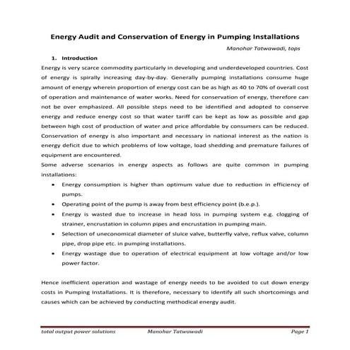 Energy audit and conservation of energy in electrical pumps | PDF