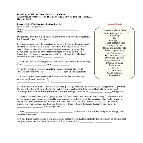 Energy balance act home work assignment Unit 1 | PDF