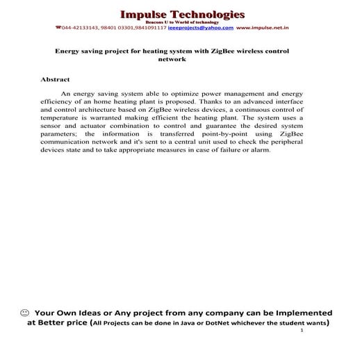 Energy saving project for heating system with zig bee wireless control network | DOC