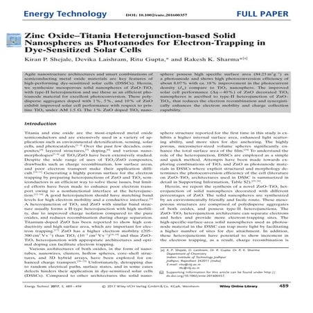 Zinc Oxide–Titania Heterojunction-based Solid Nanospheres as ...
