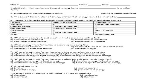 Energy Transformation Worksheet 6th Grade