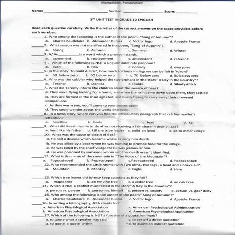 GRADE 10 UNIT TEST ENGLISH 3RD QUARTER | PDF