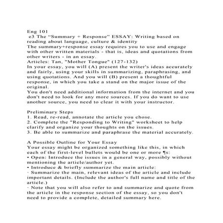 Eng 101 e3 The Summary + Response” ESSAY Writing based on read.docx