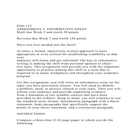 ENG 115ASSIGNMENT 2 INFORMATIVE ESSAYDraft due Week 5 and.docx ...