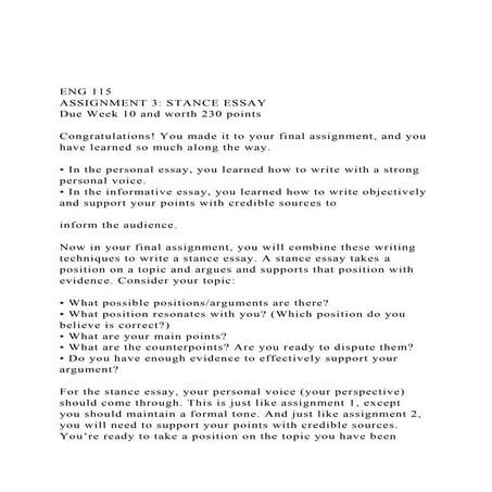 ENG 115ASSIGNMENT 3 STANCE ESSAYDue Week 10 and worth 230.docx