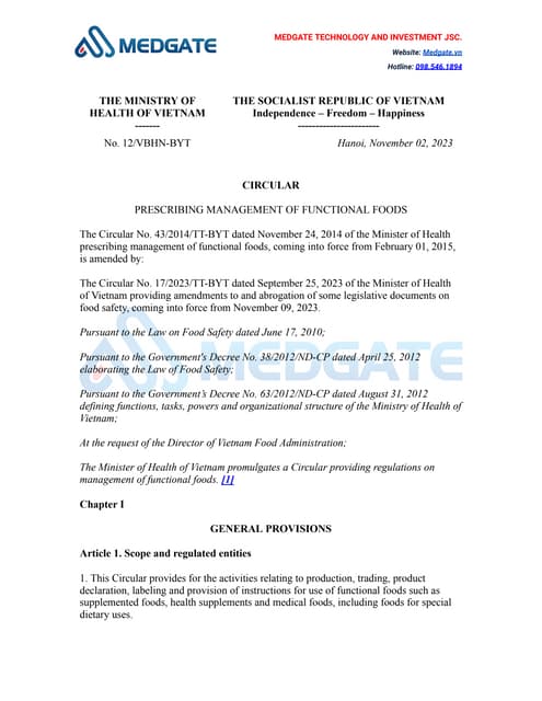 Circular 43/2014/TT-BYT: REGULATING THE MANAGEMENT OF FUNCTIONAL FOODS | PDF