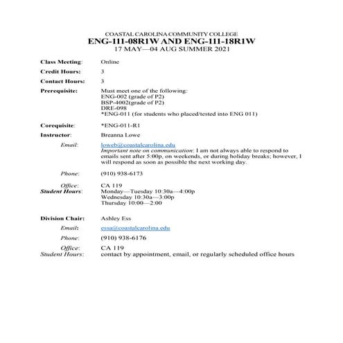 18R1W and 08R1W ENG 111 SYLLABUS | PDF